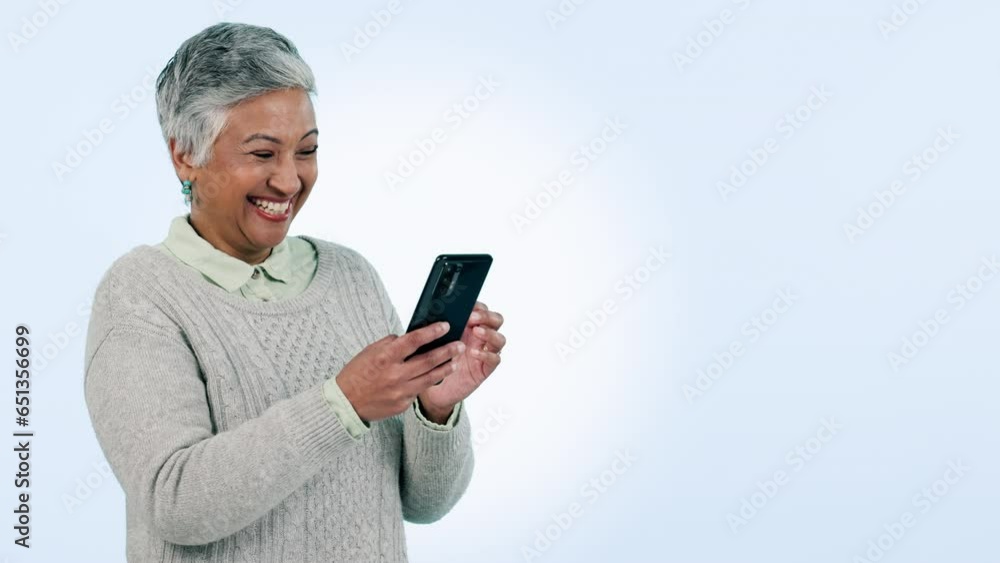 Senior woman, phone and laugh in studio by space for mockup, chat or ...