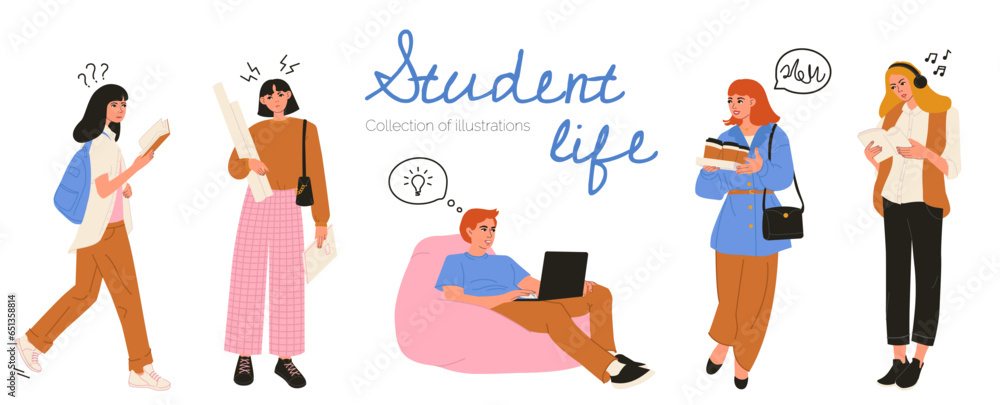 Vector illustration set of isolated on a white background students in ...