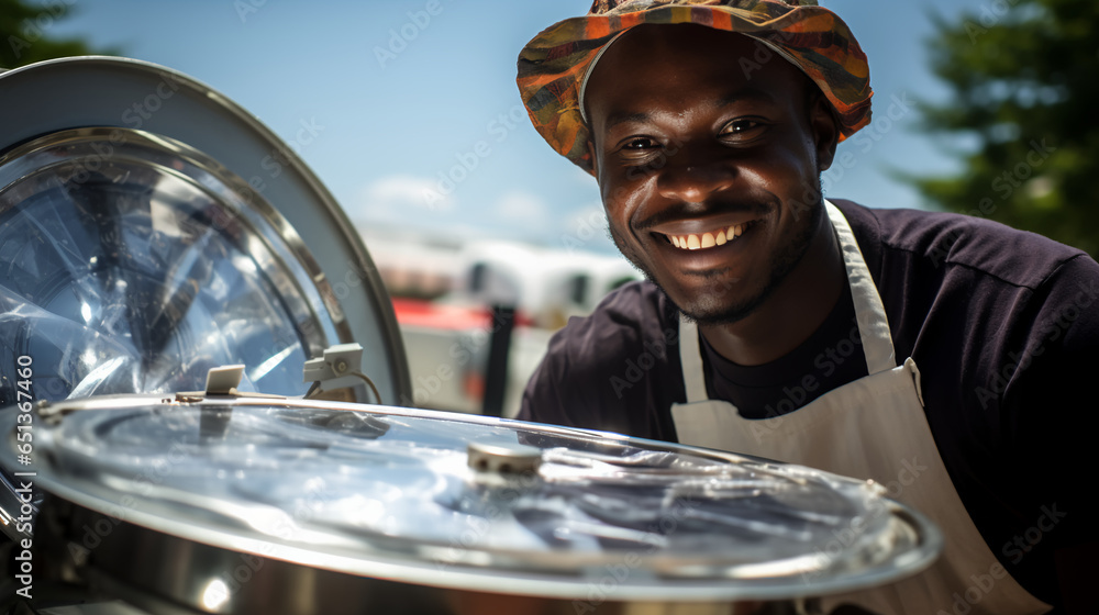 an inventive man demonstrates his homemade solar oven, harnessing the ...