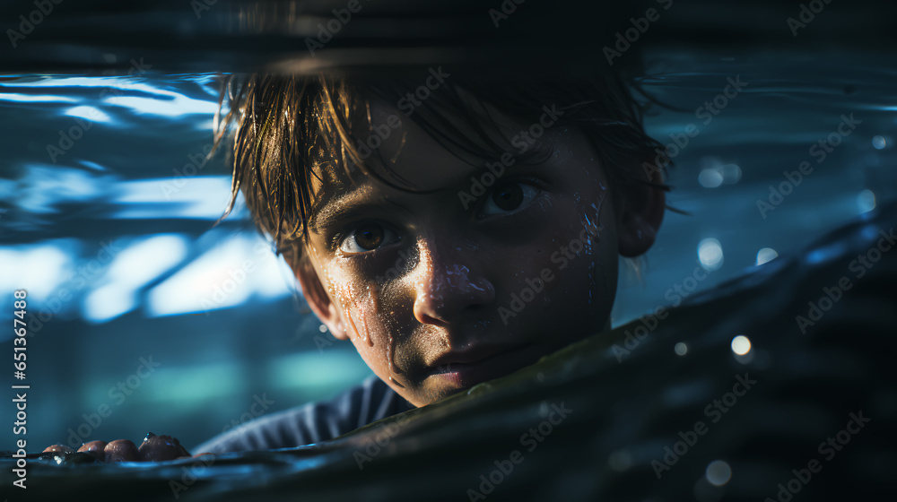 a boy with a fearless smile, diving off a towering platform into a deep ...