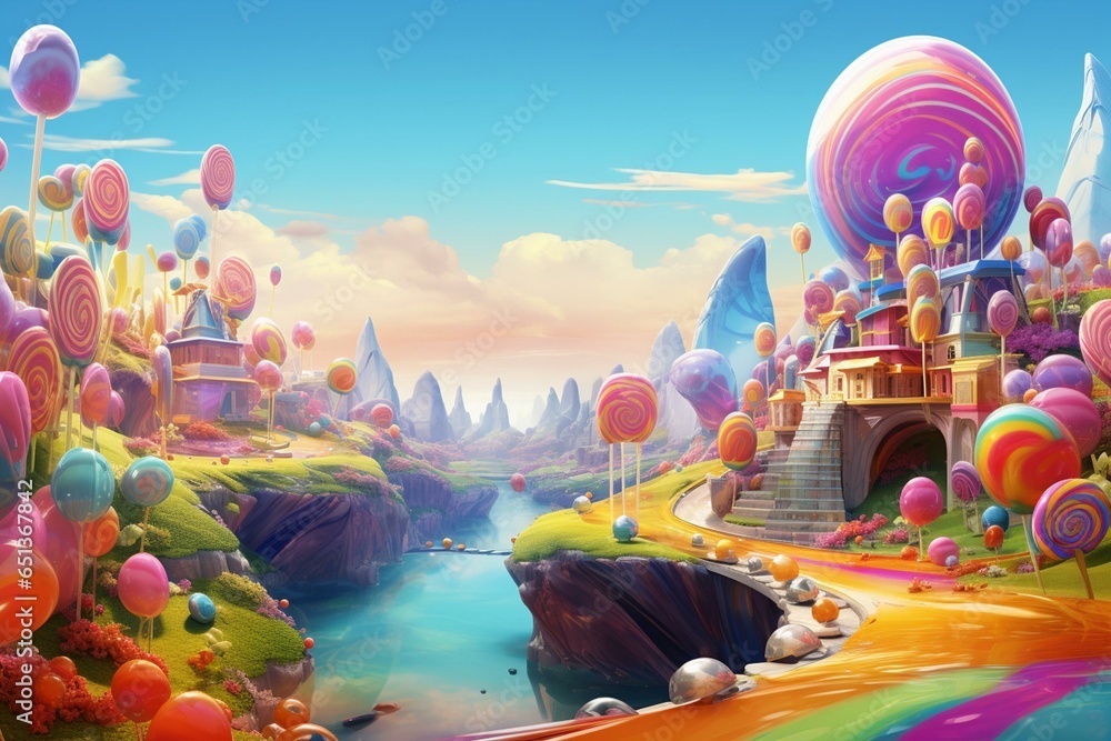 Colorful landscape of floating candies, resembling a wonderland. A ...