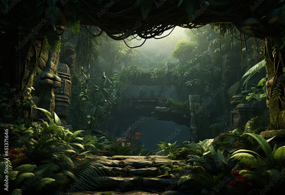 Ai Generative Beautiful jungle background with border made of tropical ...