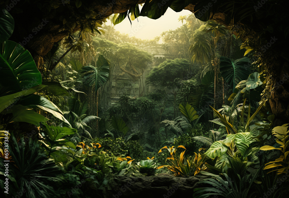 Ai Generative Beautiful jungle background with border made of tropical ...