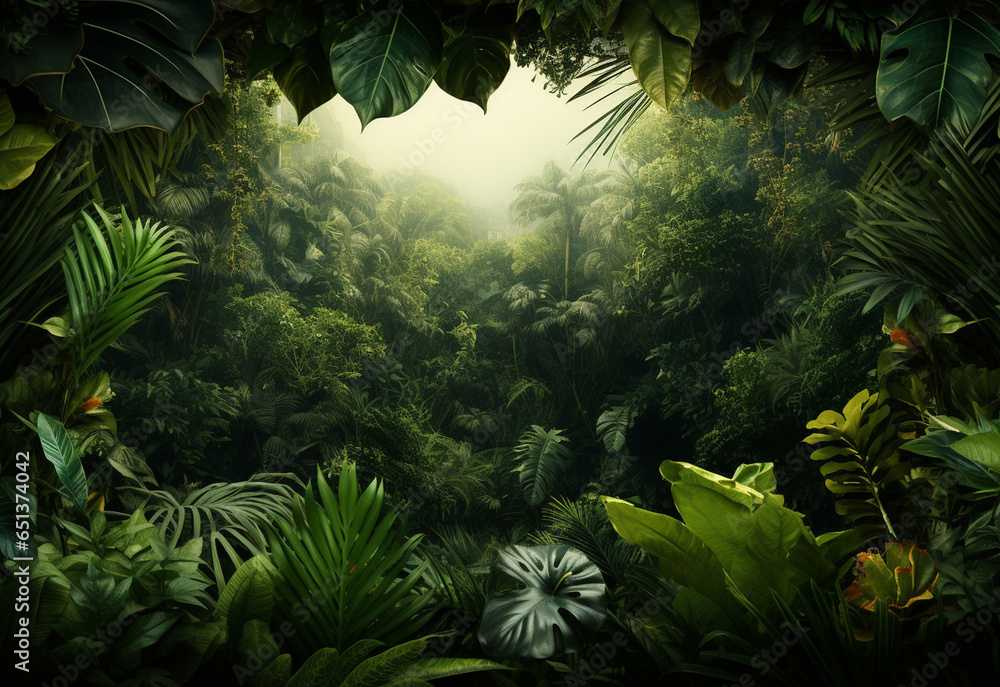 Ai Generative Beautiful jungle background with border made of tropical ...