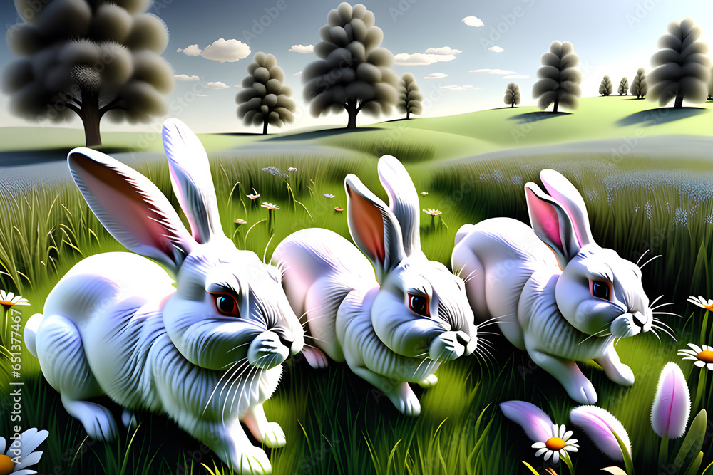 Draw rabbits grazing in the meadow in 3D, Generative AI Stock ...