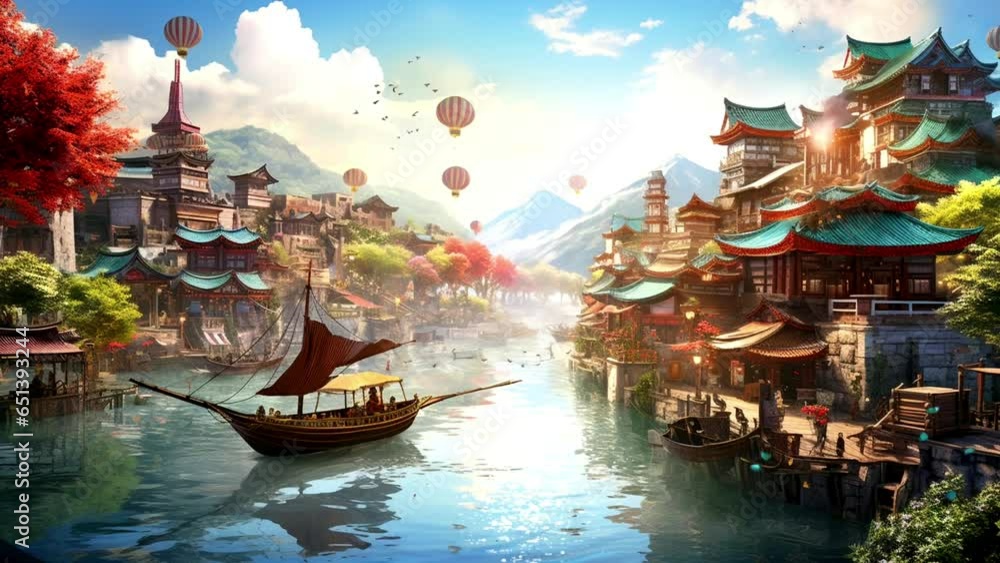 Traditional village along the river, Japanese style, seamless looping ...