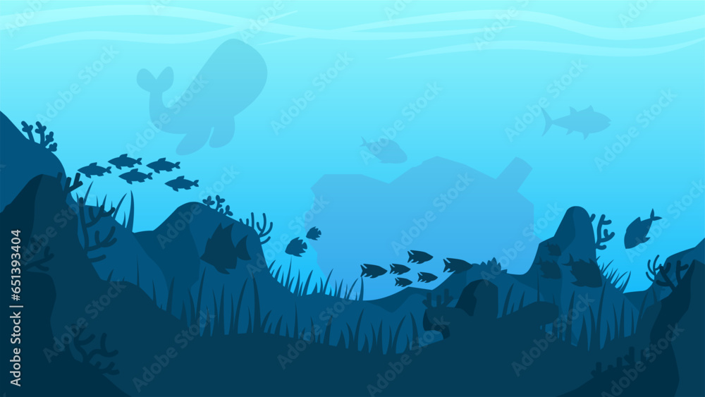 Vector illustration of underwater with coral reef, fish and shipwreck ...