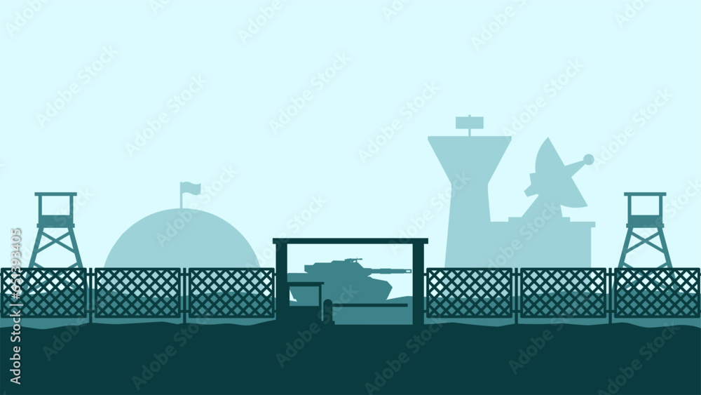 Vector illustration of military base landscape. Landscape silhouette of ...