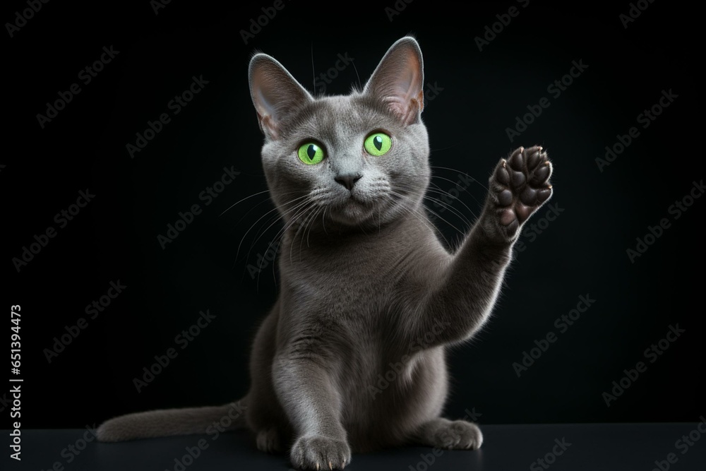 A young silver tipped Korat cat sitting sideways, looking at the camera ...