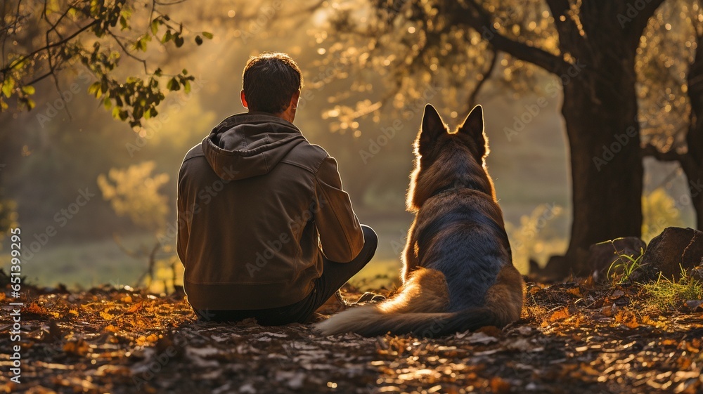 Back view of a senior biracial man sitting on a seat with a dog resting ...