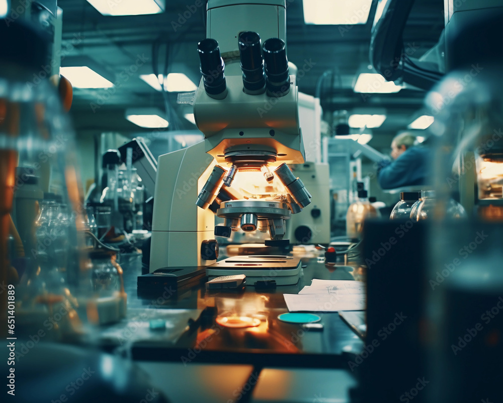 microscope in medical lab with a lot of lenses seen thru glass bottles ...