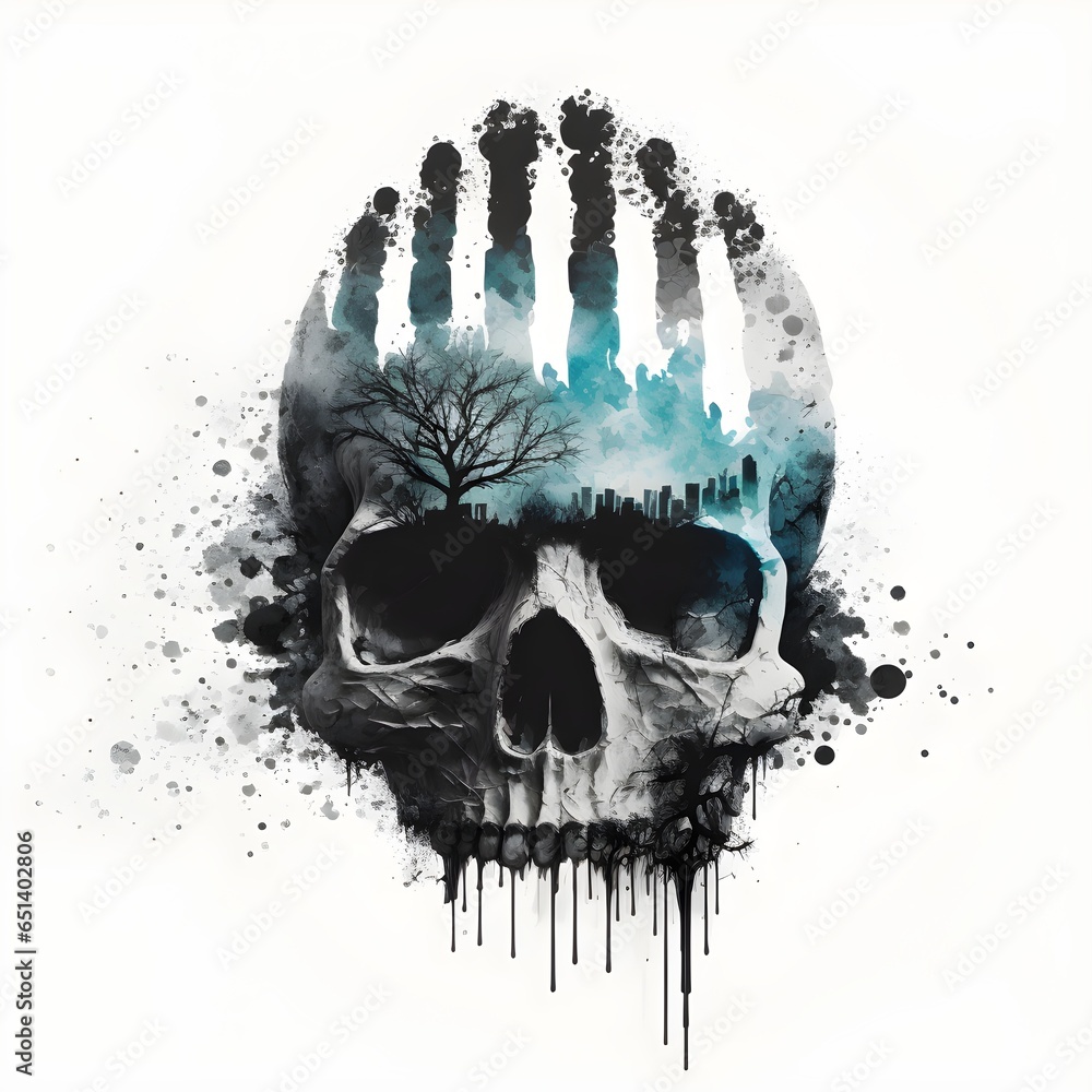 black ink handprint with double exposure human skull centre white ...