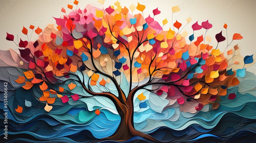 The tree of life in multicolored leaves, in the style of matte drawing ...