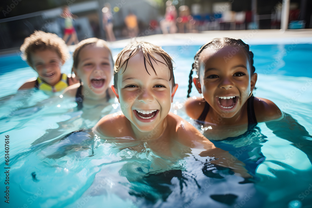 Joyful young children, sharing smiles and laughter as they swim ...
