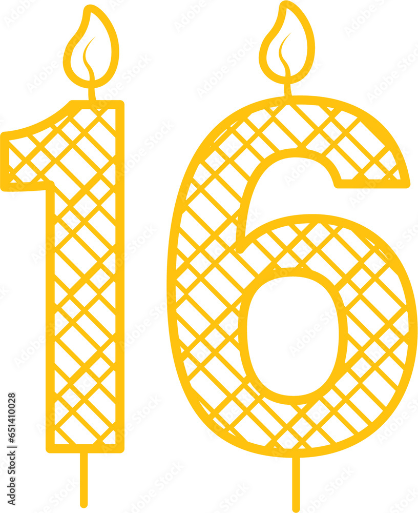 Digital png illustration of yellow 16 candle number with flames on ...