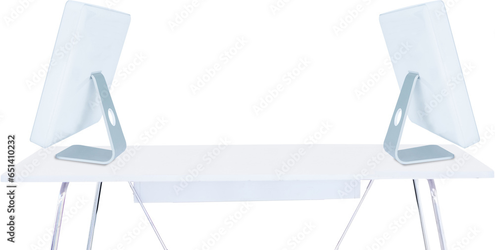 Digital png illustration of white desk with two computer screens on ...