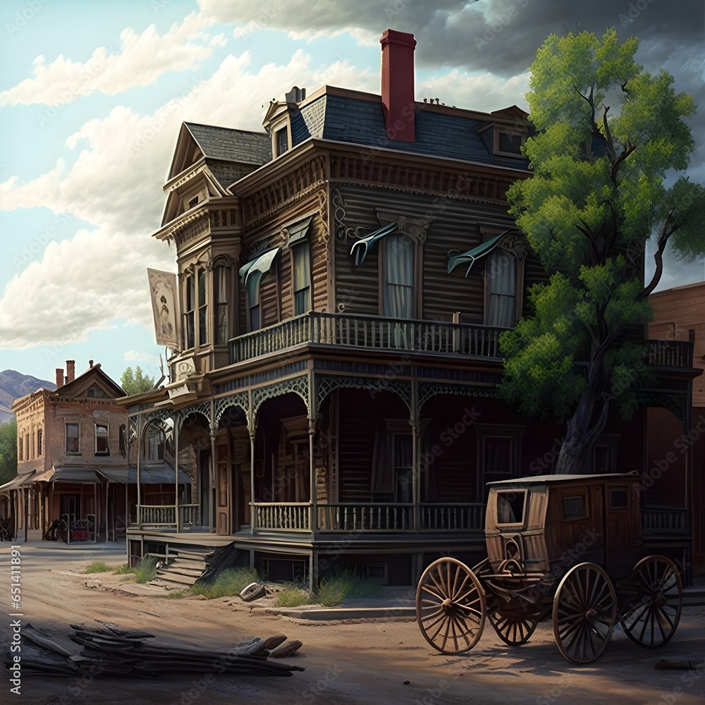 extraordinary painting of an old western town from the 1890s daylight ...