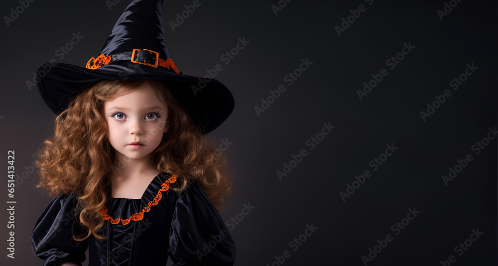 beautiful cute girl kid wearing halloween theme costume and witch hat ...