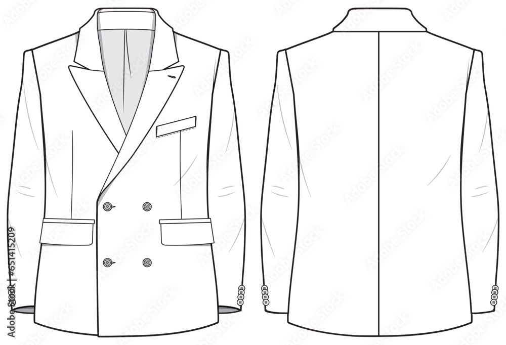 Men's double breast notch lapel Blazer Jacket suit design flat sketch ...