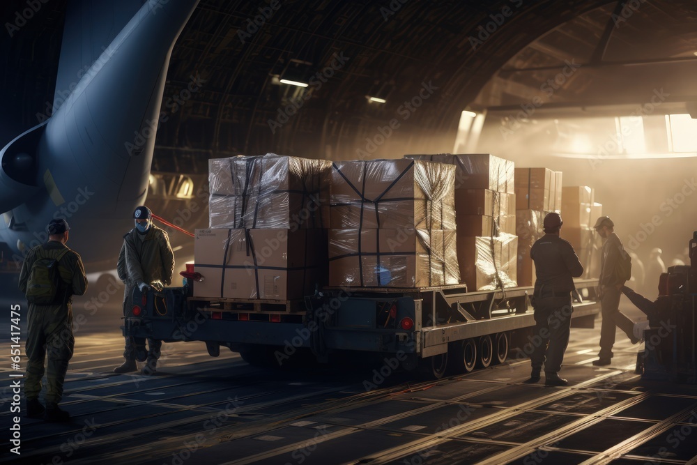 Hangar. Military air base. Loading works. Military supply system for ...