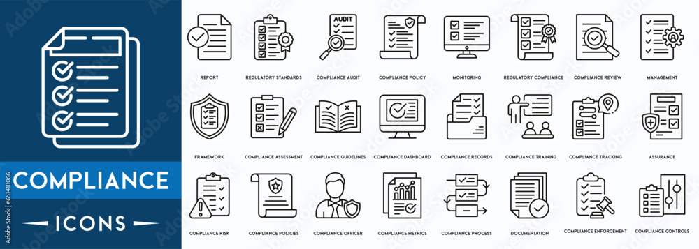 Compliance icon set. Checklist on the clipboard line icon with ...