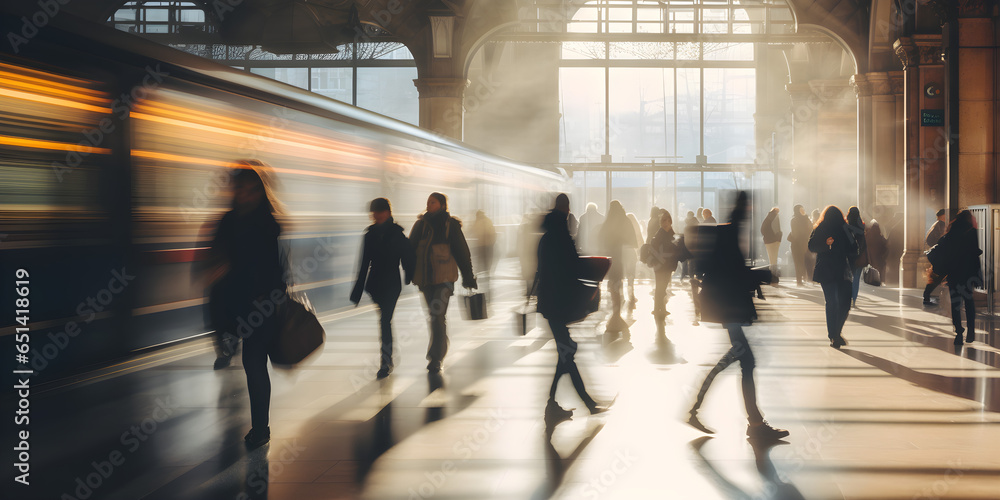 Blurred background of a train station with commuters. pedestrians ...