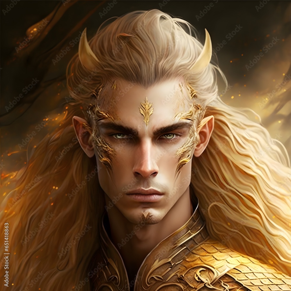 golden skinned dragon elven hybrid humanoid male warrior tall thin long ...