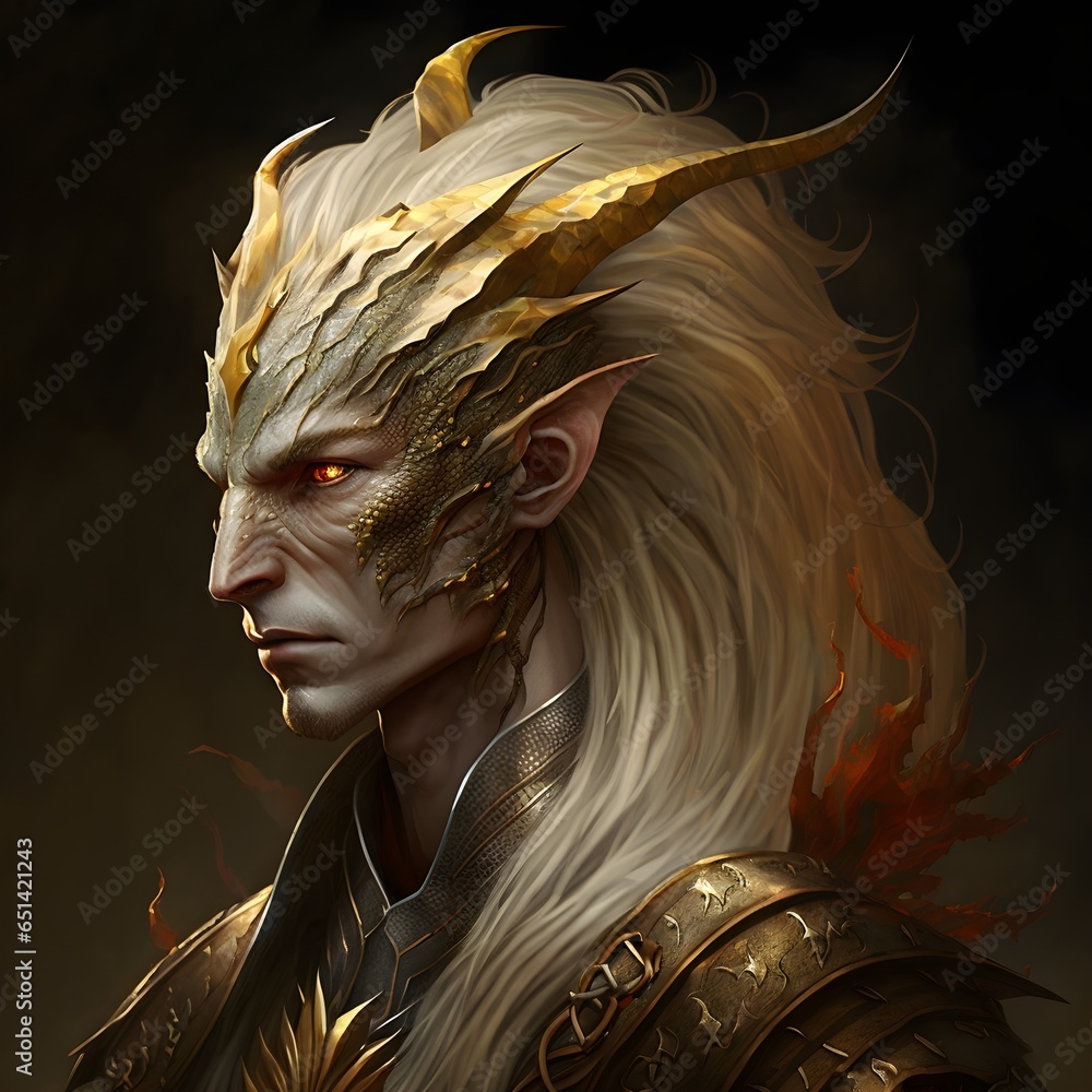 golden skinned elven dragon 3 hybrid humanoid male warrior tall thin ...