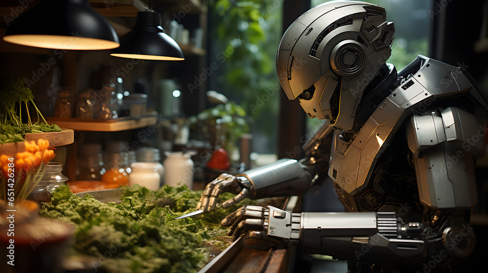 Humanoid robot cooking dishes in home or restaurant kitchen. Replacing ...