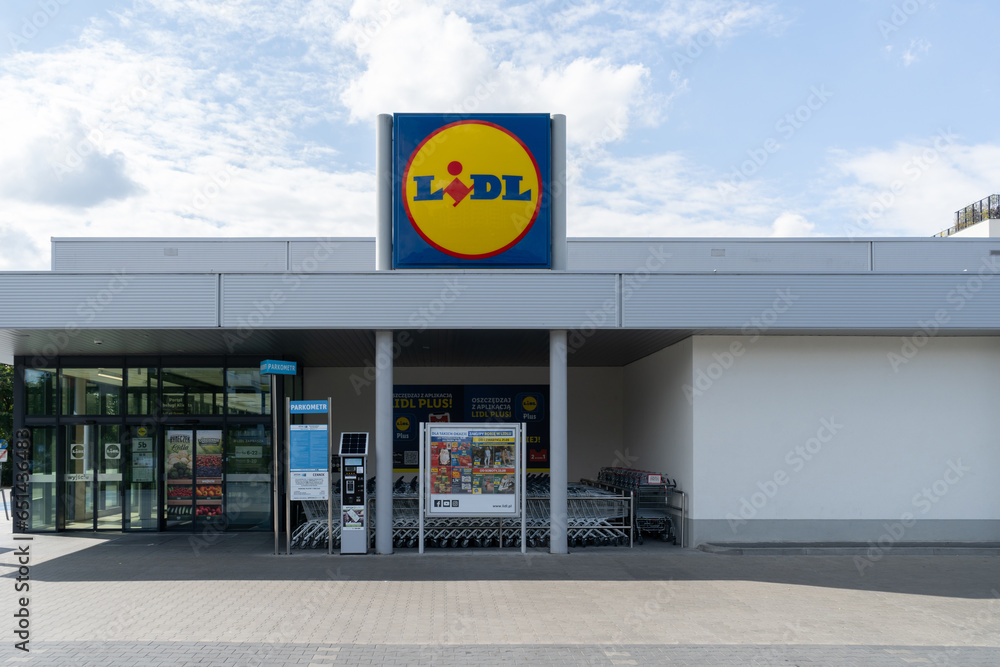 Lidl shop, with brand logo signboard. German international discount ...