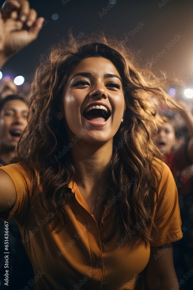 An enthusiastic female sports fan is fully immersed in the excitement ...
