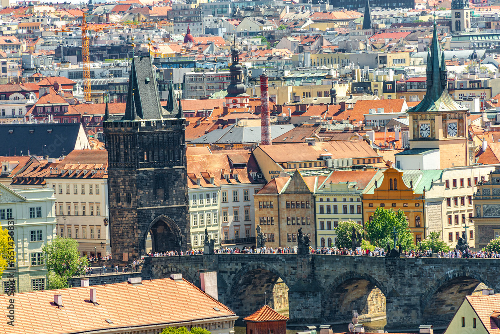 Bird view from above over magnificent famous Charles Bridge with many ...