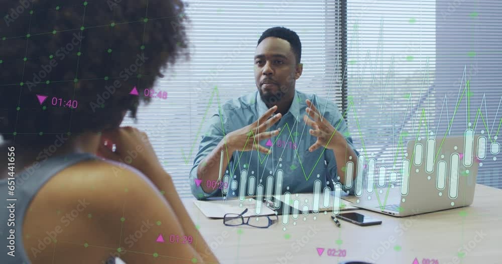 Animation of multiple graphs and changing numbers, diverse coworkers ...