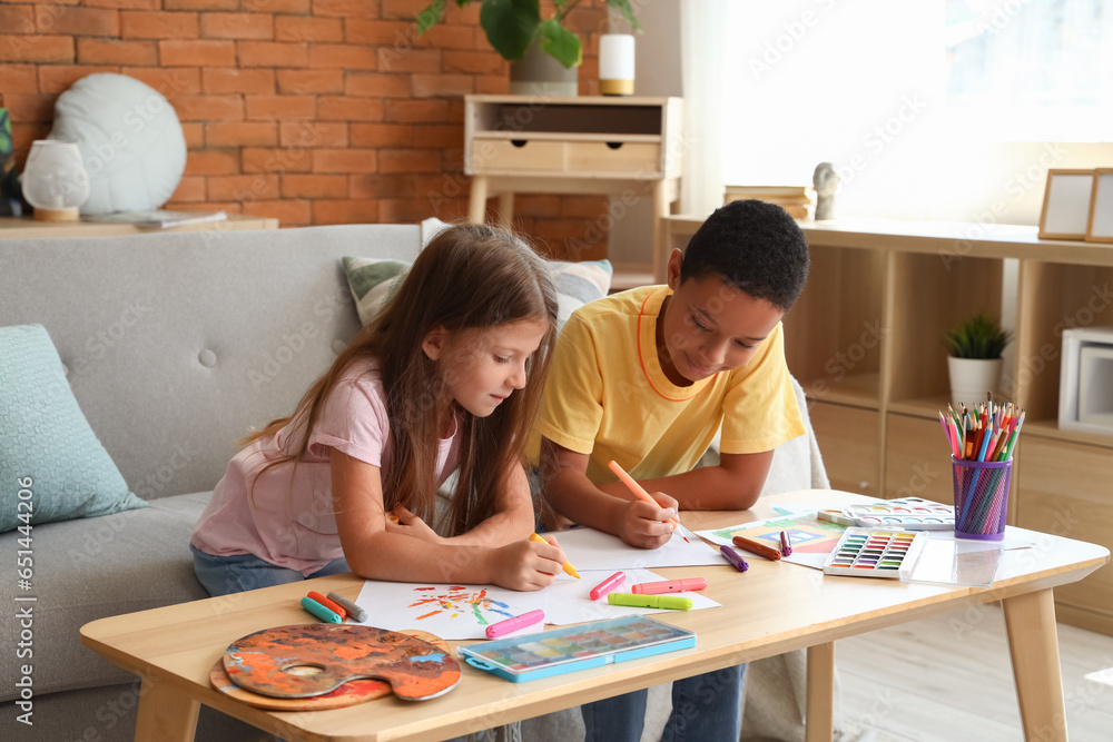 Cute little children drawing at home Stock Photo | Adobe Stock
