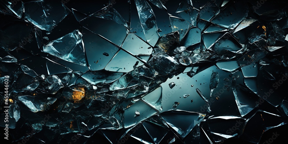 Cracked glass object on black background, smashed glass texture, shards ...