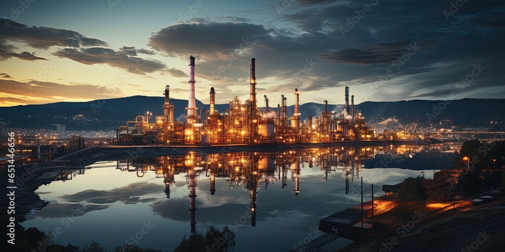 Oil refinery plant for crude oil industry on desert in evening twilight ...