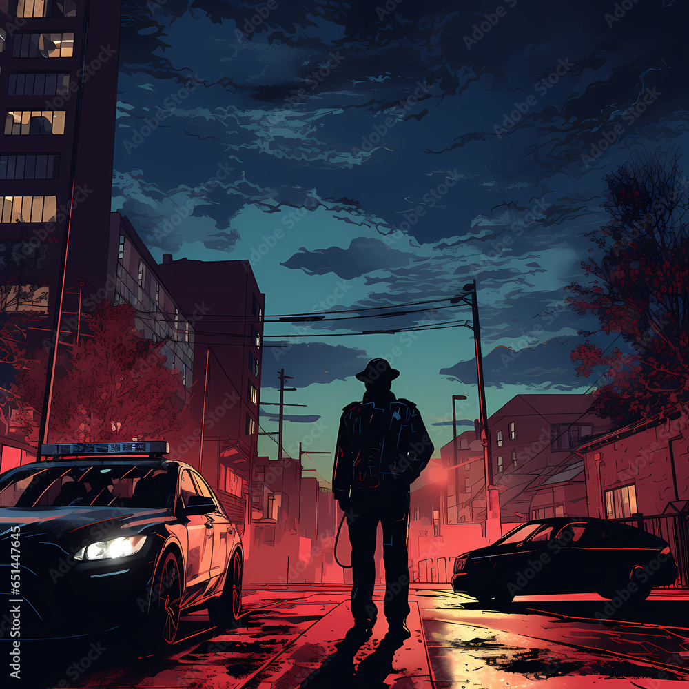 Unrecognizable policemen standing next to a police car in the dark ...