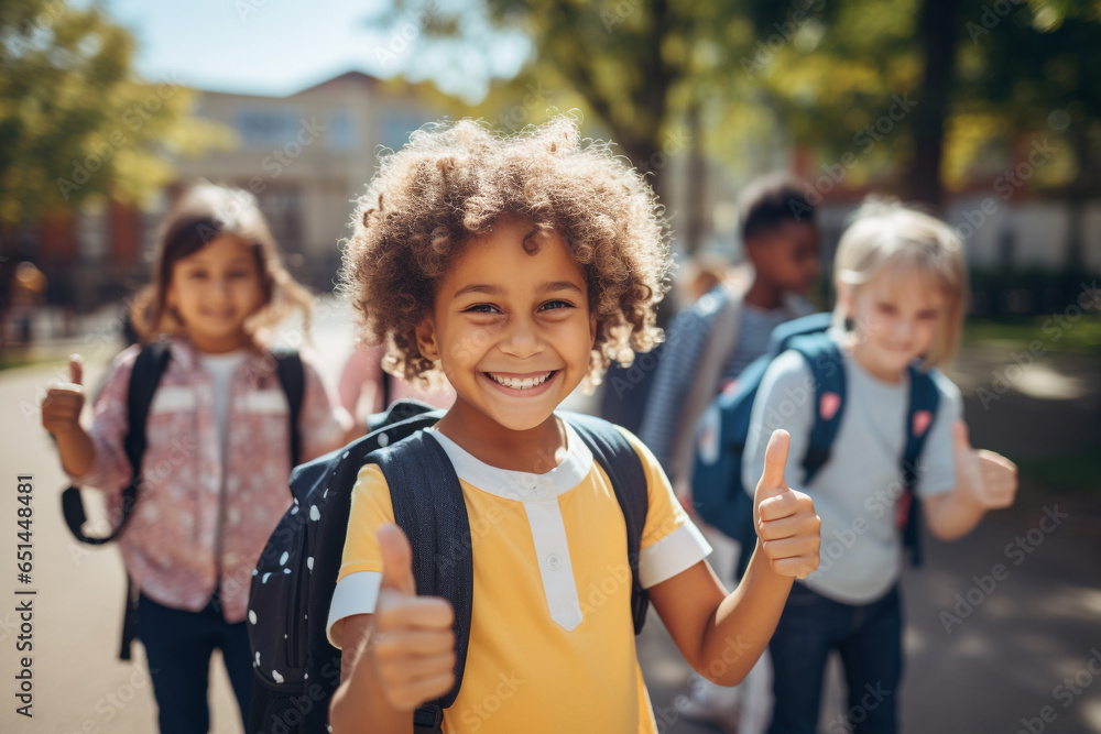 group of elementary children in school yard happily flash thumbs up ...