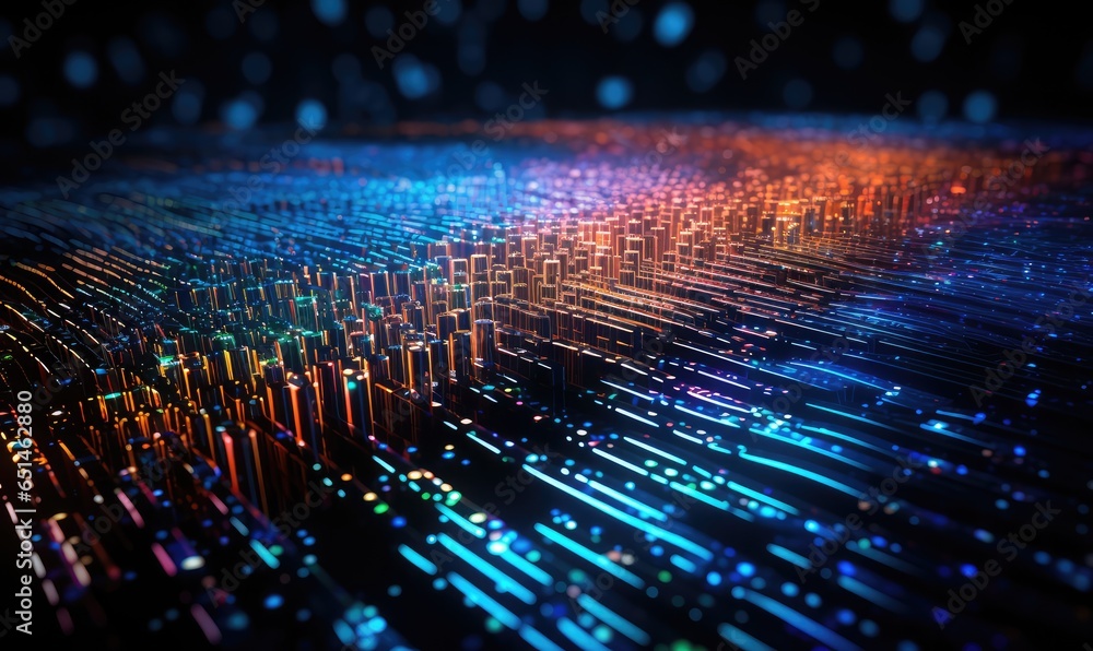 Data shaped from neon lines space filled with floating pixels and ...
