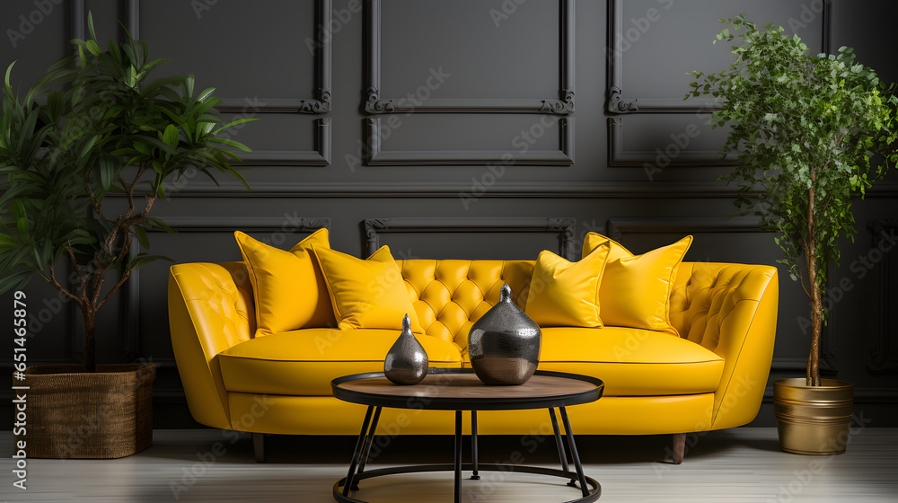 Yellow loveseat sofa in classic room. Art deco home interior design of ...