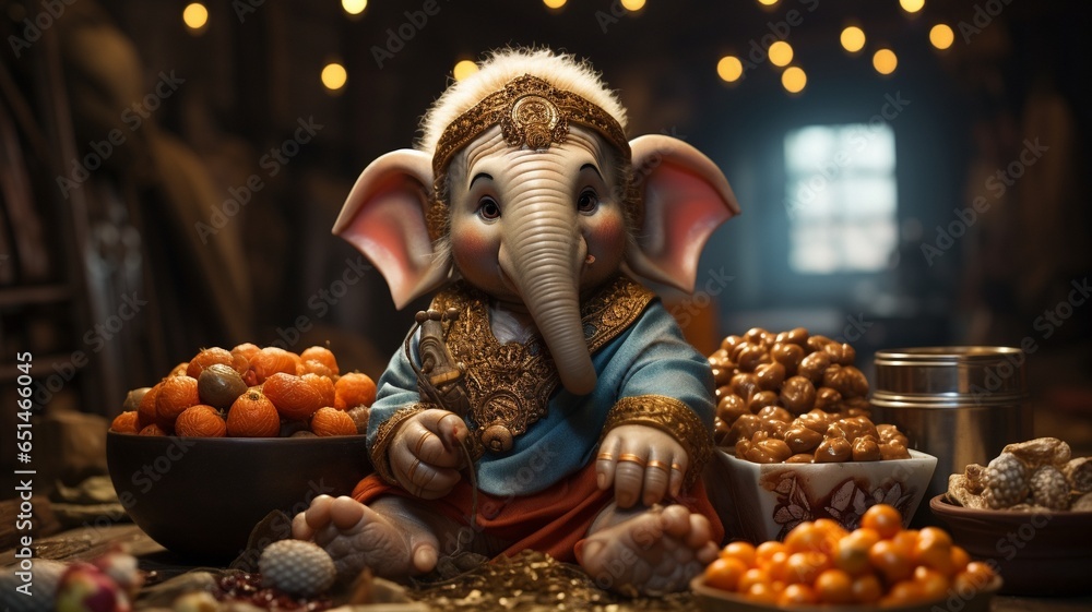 beautiful tiny lord ganesha eating modaks, in india, festival backdrop ...