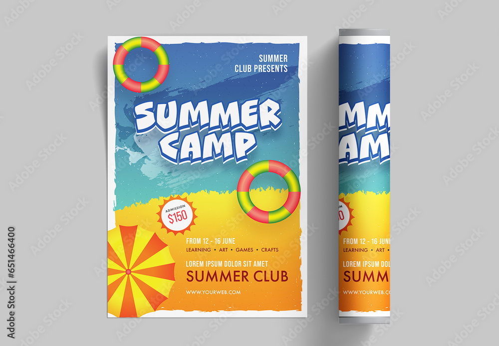 Summer Camp Brochure Or Template Layout In Blue And Yellow Brush Stroke ...