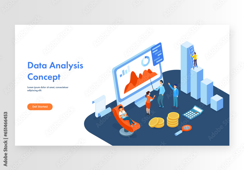 Landing Page Design With Isometric View Of Analysts Analysis The Data in Desktop And Financial ...