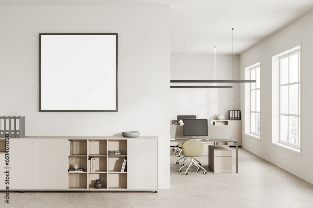 Cozy office room interior with coworking area and panoramic window ...