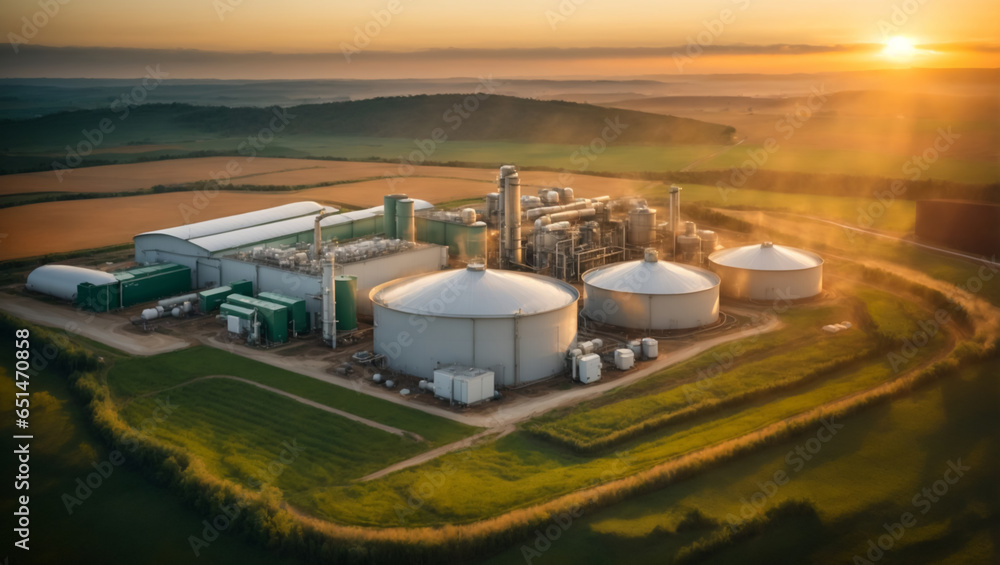 Modern biogas plant between several fields in rural region with sunset ...