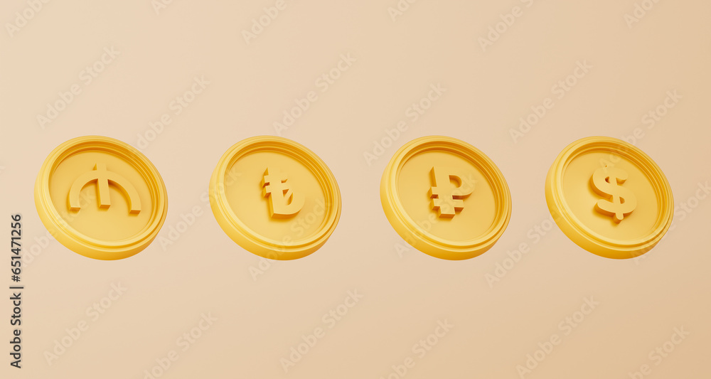 3D Gold coins icon. Coins with images of currencies of different ...