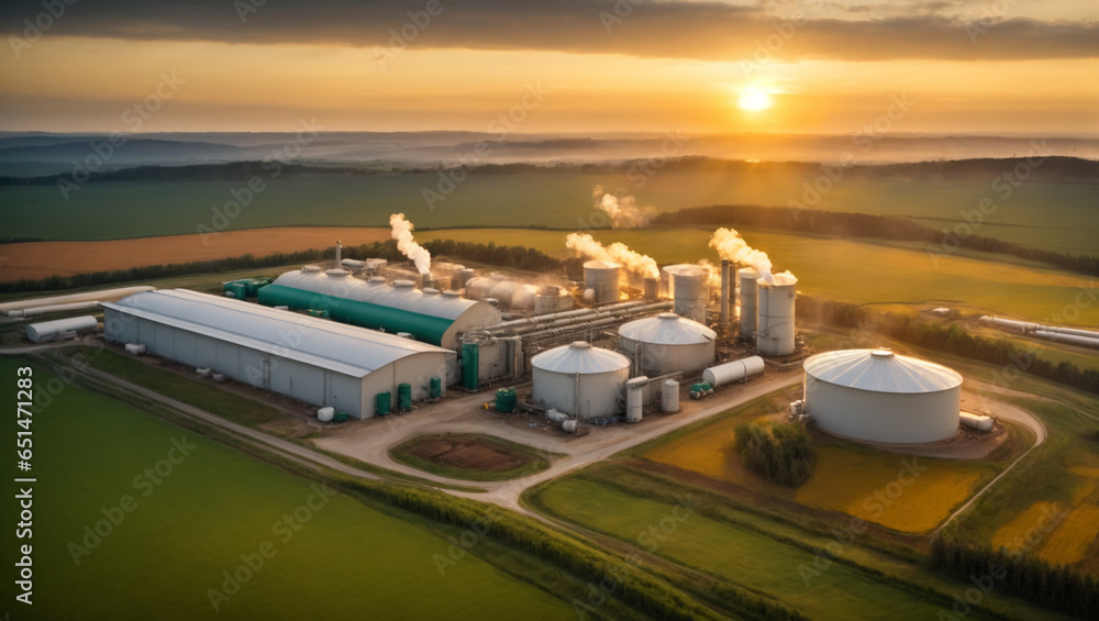 Modern biogas plant between several fields in rural region with sunset ...