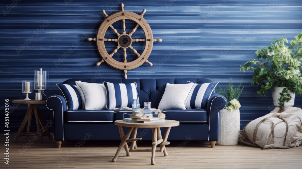 Nautical Charm: A navy blue and white striped sofa and a driftwood ...