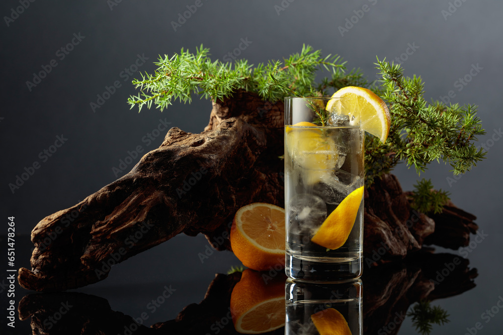 Cocktail gin-tonic with ice and lemon on a black reflective background ...