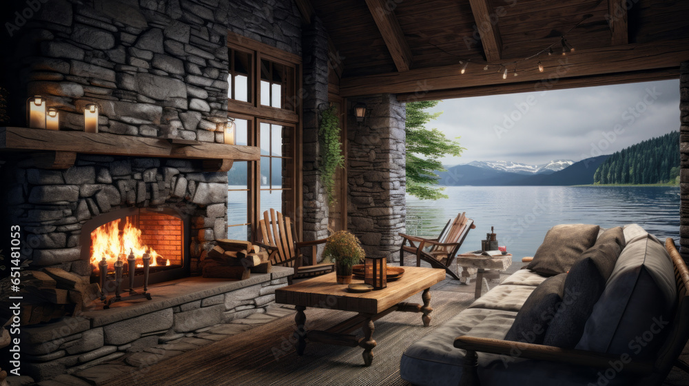 Lakeside Cabin Lounge Channeling rustic lakeside cabin vibes, it ...